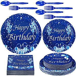 Yingzhao 240 Pcs Navy Blue happy Birthday Plates and Napkins for Table Decorations Supplies Happy Birthday Dessert Tableware Plates Napkins Forks for 40 Men Birthday Disposable Party Favors