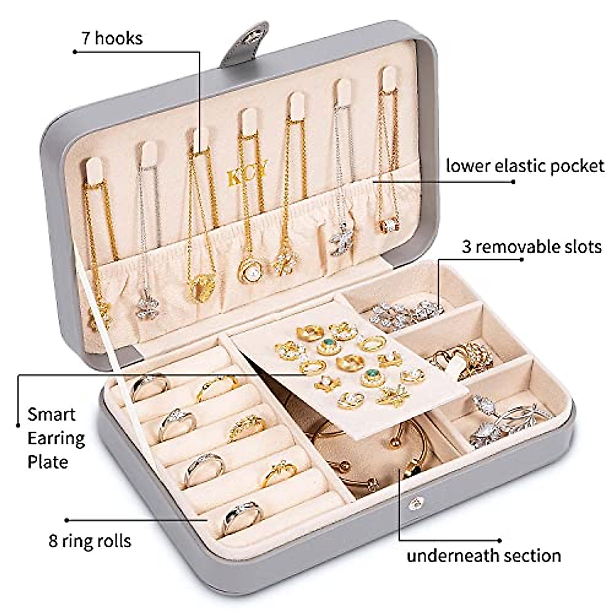 KCY Jewelry Box for Women Girls,Small Travel Jewelry Organizer Case,PU Leather Portable Jewellery Storage Boxes Display Holder for Ring Earrings Necklace Bracelet Bangle , Men Teen Kids Gift, Grey