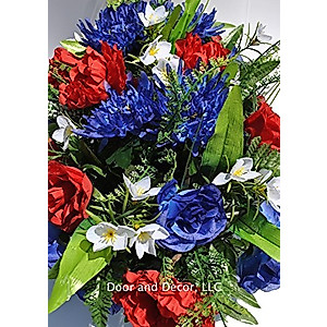Summer Patriotic Cemetery Flowers with Red Roses, Blue Spider Mums, Blue Roses, and White Forget-me-nots headstone saddle arrangement
