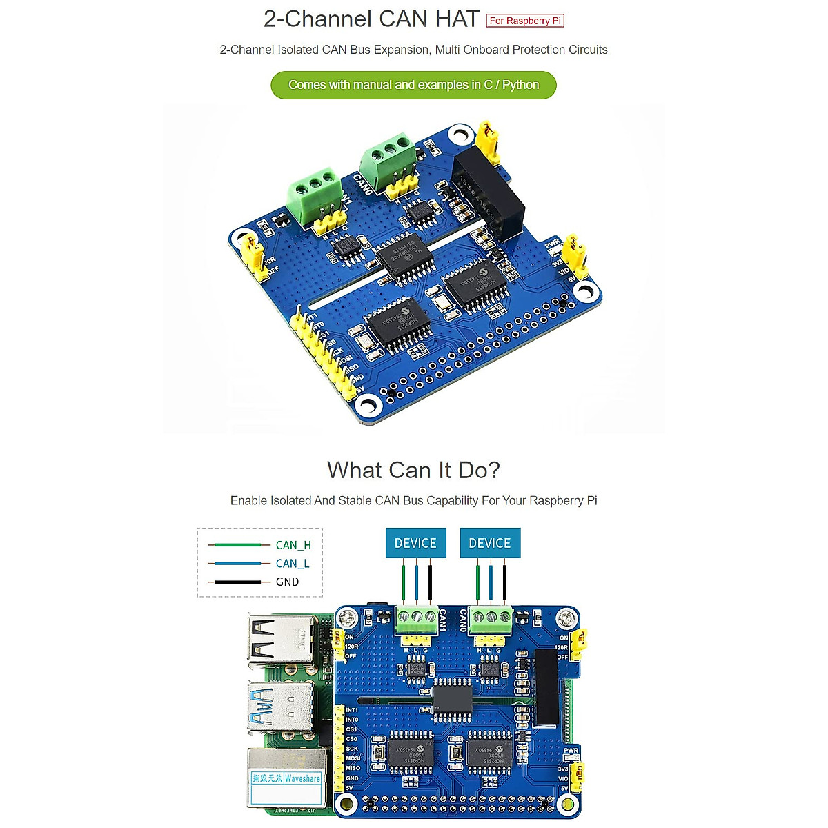 Waveshare Isolated CAN Expansion Board 2 Channel Compatible with Raspberry Pi 4B/3B+/3B etc. Series Boards