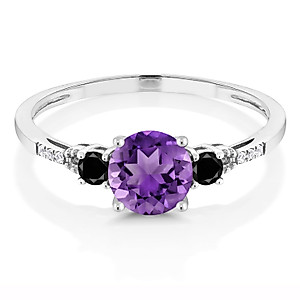 Gem Stone King 10K White Gold Purple Amethyst Black Diamond and White Diamond Accent 3-Stone Engagement Ring For Women (0.88 Cttw, Round 6MM, Gemstone February Birthstone, Size 7)