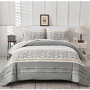 Grey Comforter Set King，7 Pieces Bed in a Bag Paisley Comforter for All Season Soft Microfiber Boho Bedding Set-1 Comforter, 1 Flat Sheet, 1 Fitted Sheet, 2 Pillow Shams,2 Pillowcases