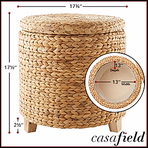 Casafield 17" Round Storage Ottoman with Lid - Natural, Handwoven Water Hyacinth Footstool for Living Room, Bedroom, Bathroom, Home Office