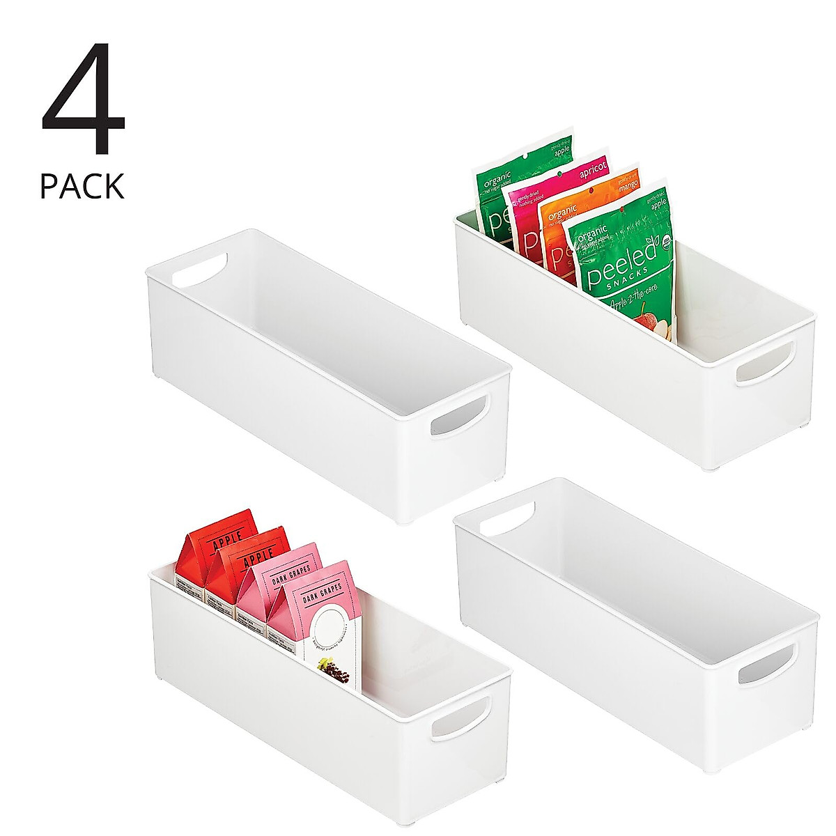 mDesign Plastic Stackable Kitchen Organizer - Storage Bin with Handles for Refrigerator, Freezer, Cabinet, and Pantry Shelves Organization - Food Container - Ligne Collection - 4 Pack - White