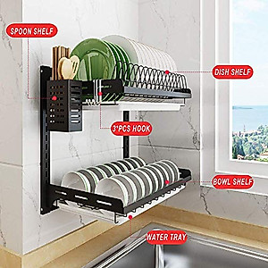Kitchen Dish Rack,Hanging Drying Plate Organizer Storage Shelf over the Sink,junyuan 2 Tier Wall Mount Bowl Holder with Drain Tray With 3 Hooks,Stainless Steel Black Coating (2 Tier, 16)