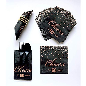 Rose Gold Foil Cocktail Napkins with Cheer 60 Years | Folded 5 x 5 Inches Disposable Party Napkins | 3-Ply Paper Beverage Napkins for 60th Birthday Decorations, Wedding Anniversary, Retirement, Black