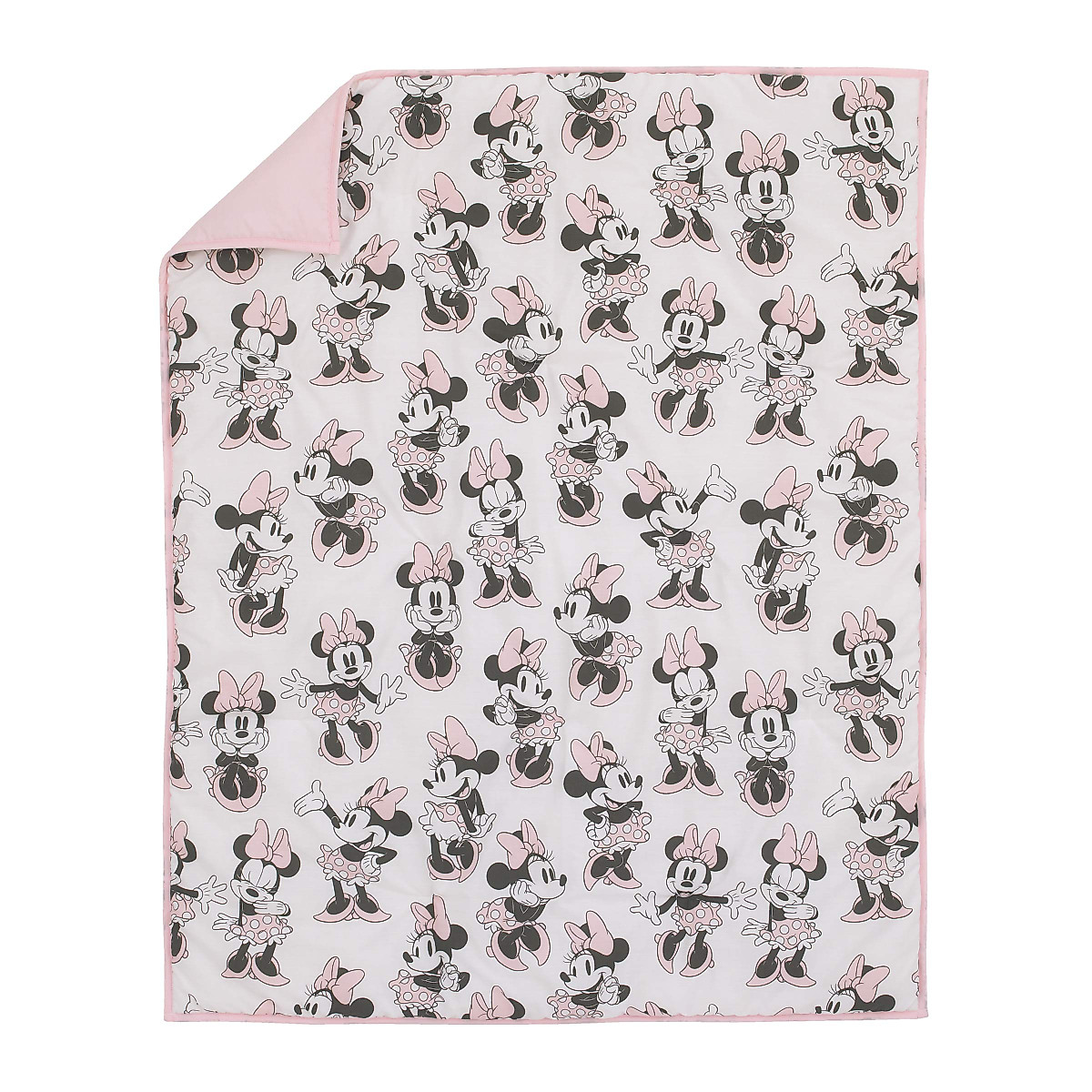 Disney Minnie Mouse 6 Piece Nursery Crib Bedding Set, Comforter, Two 100% Cotton Fitted Crib Sheets, Dust Ruffle, Baby Blanket, Changing Pad Cover, Pink, Grey & White