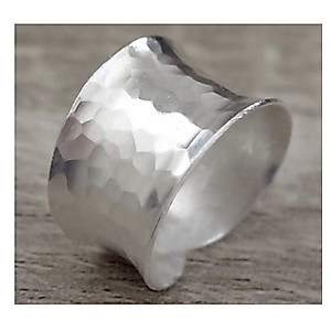 Hammered Sterling Silver Handmade Wide Band Ring, Classic Shiny Finish Wrap Band, Adjustable to Sizes 6-12, Can fit Also as Thumb ring, Gift for Her