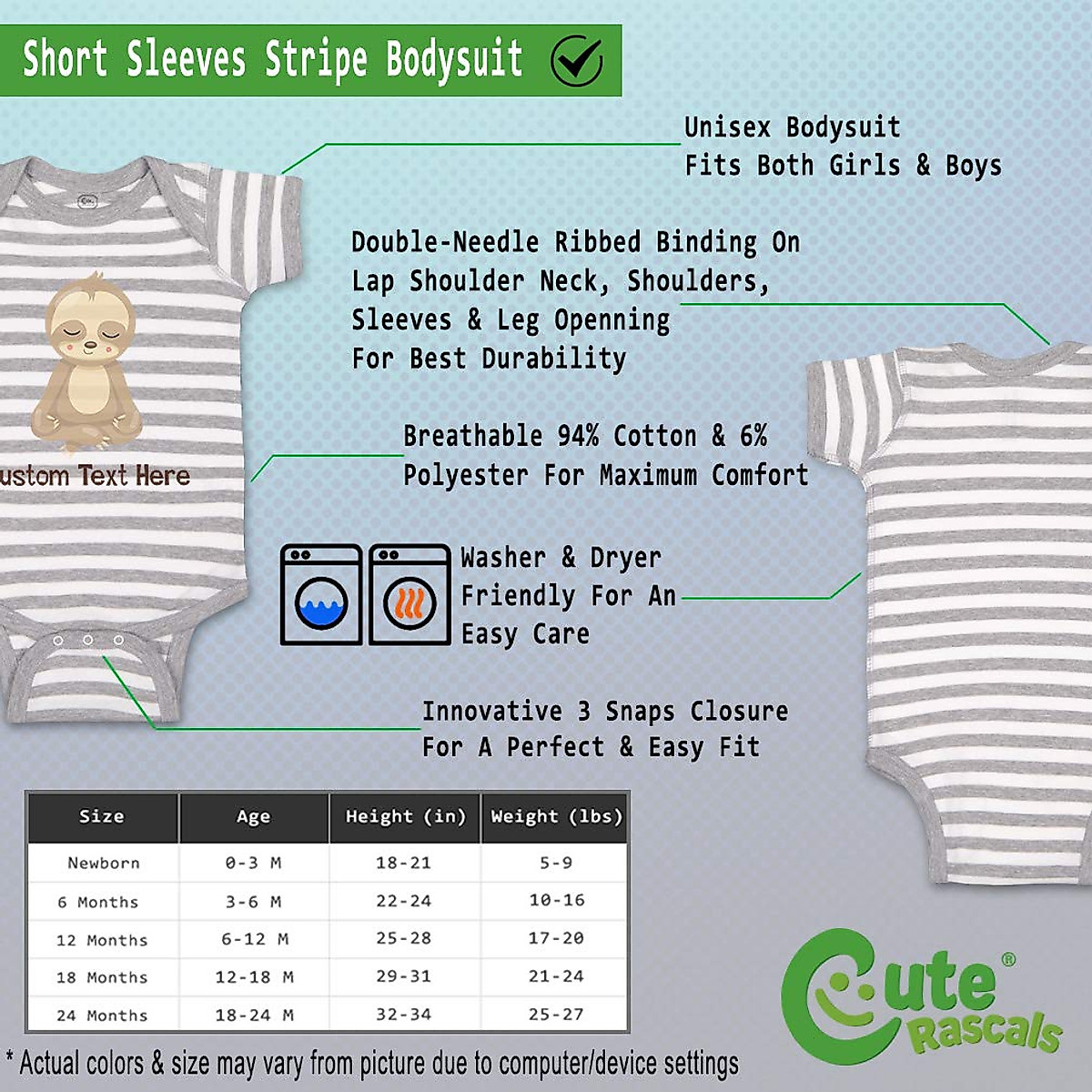 Custom Personalized Boy & Girl Baby Bodysuit Sloth Yoga Funny Cotton Striped Baby Clothes Stripes Gray White Personalized Text Here 12 Months