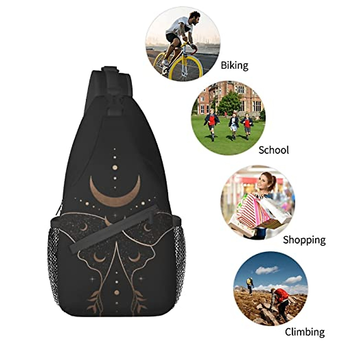 Moth Moon Printed Classic Sling Bag Crossbody Chest Daypack Lightweight Casual Backpack Shoulder Bag for Men Women Adult Travel Hiking Gifts