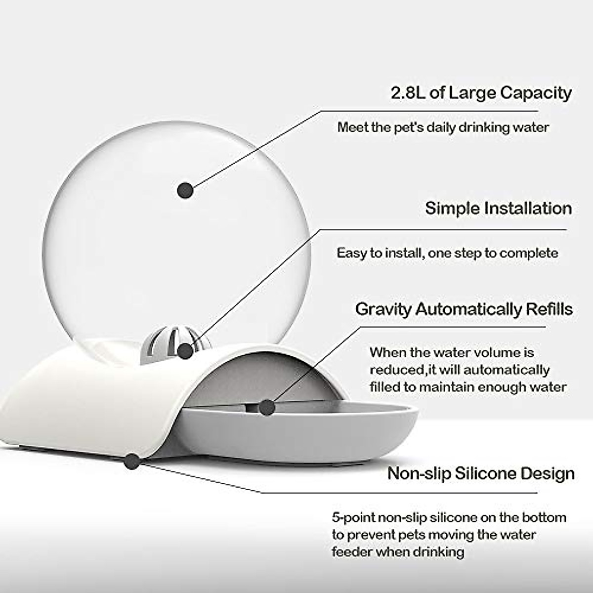 Gravity Waterer Feeder Dogs Pets Automatic Water Drinking Dispenser Fountain for Cats/Dogs Non-Slip 2.8L Grey