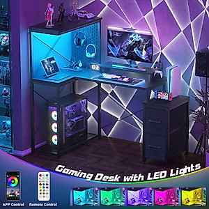 L Shaped Gaming Desk with 2 Fabric Drawers - Reversible Computer Desk with Power Outlet & LED Lights, 48" Corner Desk with Monitor Stand & Storage Shelves, Office Study Table with Pegboard, Pink