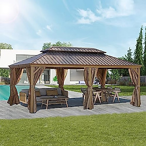 12' x 20' Outdoor Patio Gazebo All-Weather Heavy Duty Hardtop Gazebo Canopy Double Vented Roof Pergolas Galvanized Steel Aluminum Frame with Netting&Curtains for Garden/Lawns/Backyard/Parties
