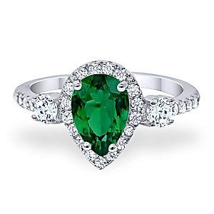 Blue Apple Co. Simulated Green Emerald CZ Size-11 Halo Teardrop Fashion Bridal Ring Pear Round Simulated Cubic Zirconia 925 Sterling Silver