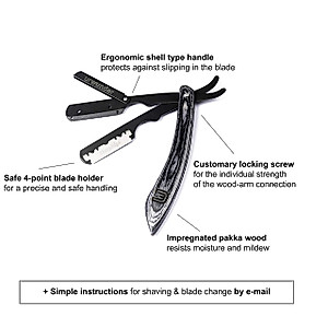 Precise German Straight Razor - urwunder - Shavio - Genuine Leather Case - Simple Manuals - 4-Pin Blade Holder [Black Arm/Black Wood]