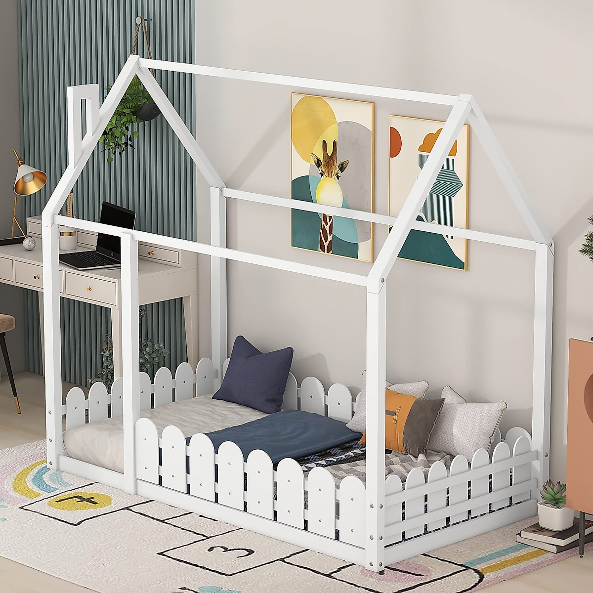 Harper & Bright Designs House Bed Twin Kids Bed Floor Bed Frame with Roof and Fence, Box Spring Needed, for Toddlers, Kids, Teens, Girls, Boys (Twin Size, White)