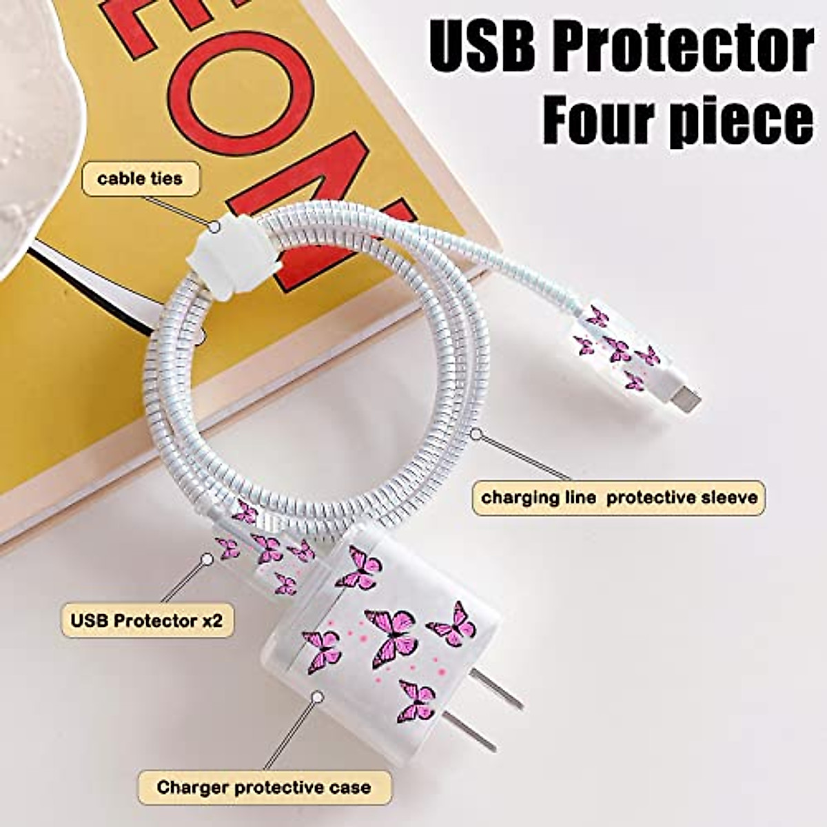 DiyGody Lovely Cable Protector for iPhone Charger with Cute Clear Pink Butterfly Design, Soft Data Line Cable USB Wire Saver Charger Protector Compatible with 18W/20W iPhone Charger