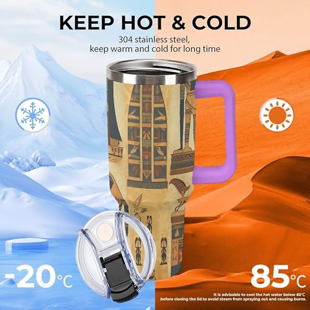 LLUTSNTH 40 Oz Vacuum Tumbler with Violet Handle Leakproof Insulated Tumbler Ancient Egypt Tribe Series Stainless Steel Travel Mug with Lid And Straw Coffee Cup Cute Water Bottles Cup Holder Friendly