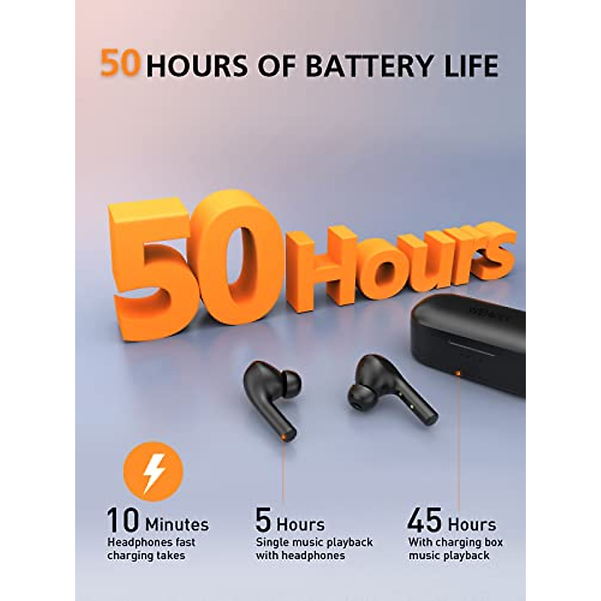 True Wireless Earbuds Noise Cancelling with 4 Microphones, WENKEY Bluetooth 5.3 Headphones for iPhone, Android, IPX6 Waterproof, 50H Playtime, TWS Bluetooth Earphones with Charging Case