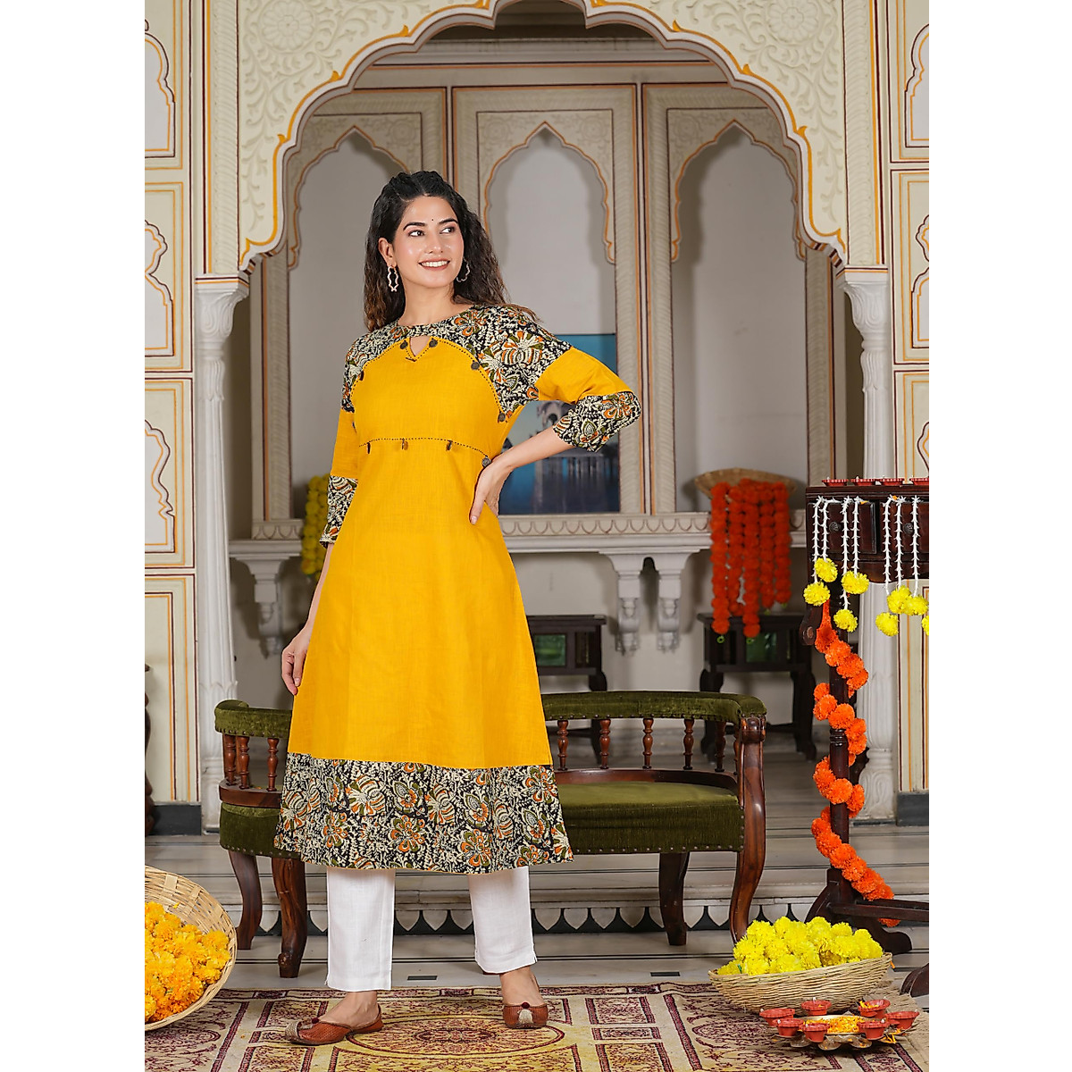 Yash Gallery Women's Cotton Blend Kalamkari Print A-Line Kurtis (Mustard Yellow)