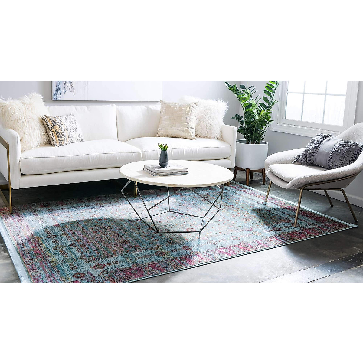 Unique Loom Baracoa Collection Bright Tones Border Vintage Traditional Area Rug, Rectangular 5' 5" x 8' 0", Blue/Pink