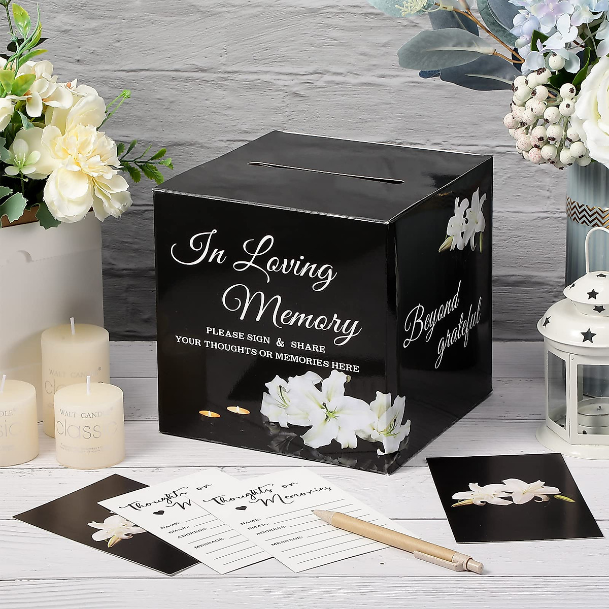 Fainne 50 Pcs Lily Share a Memory Cards with Celebration of Life Box Funeral Advice Cards Thank You Sympathy Holder Box Decor for Guest Funerals Memorial Service Farewell Remembrance Party Supplies