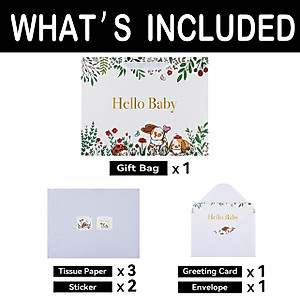 13" Large White Gift Bag Set with Greeting Card and Tissue Papers (Hello Baby Design) for Girls' Birthday Party, Baby Shower, Baby Girl or Boy, Women's Birthday Parties - 13”x5.2”x10.2”, 1 Pcs.