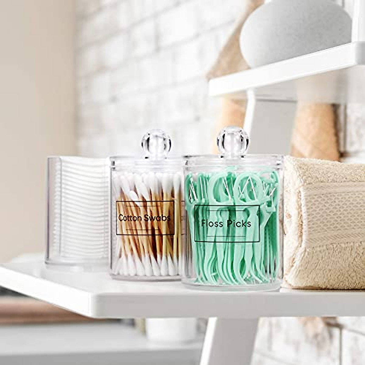 AOZITA 6 Pack Qtip Holder Dispenser for Cotton Ball, Cotton Swab, Cotton Round Pads, Floss - 10 oz Clear Plastic Apothecary Jar for Bathroom Canister Storage Organization, Vanity Makeup Organizer