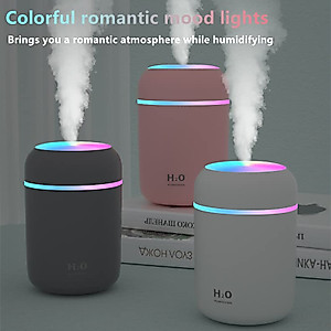 Colorful Cool Humidifier USB-Only 300ml Portable with 7 Colors 2 Fog Mode Ultra Quiet Suitable for Home Car Bedroom Office and Travel (Gray)