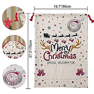 kathyyue Christmas Santa Sacks Canvas Gift Bags Personalized Xmas Large Burlap Presents Bags with Drawstring Reusable Gift Candy Treats Storage 2Pcs Size 17.7" x 25.6" and 19.7" x 27.5"