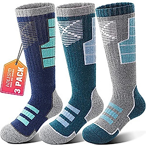 Anlisim Kids Merino Wool Ski Socks for Girls Boys Teen Thermal Winter Warm Thick Hiking Knee High Socks Stocking Stuffers for Skiing Snowboarding (Grey / Dark Blue / Green C, 12-15 Y)