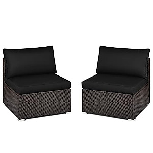 Tangkula 2 PCS Outdoor Wicker Armless Sofa, Patio Rattan Sectional Sofa Set w/2 Thick Seat Cushions and 2 Back Cushions, Additional Seats for Balcony Garden Patio Poolside (Black)