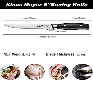 Klaus Meyer Arcelor 6 inch Boning Knife High Carbon Exclusive German Steel Fish Knife for Meat Cutting Trimming with Full Tang Ergonomic Handle