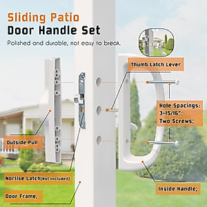 Sliding Door Handle, Non-Keyed Sliding Patio Door Handle Set with Latch for 3-15/16” Hole Spacing for Mortise Style Locks, Non-Handed, Sliding Glass Door Handles Replacement, White