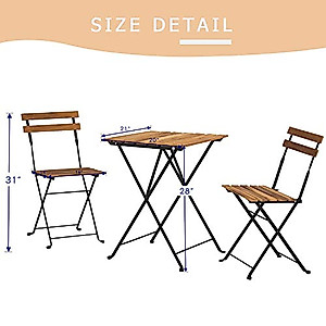 SUNBURY 3 Piece Patio Bistro Set, Outdoor Furniture Set, Weather-Resistant Folding Table and Chairs, Wooden Top Steel Frame Foldable Chairs for Outdoor/Indoor, Balcony (Burlywood)