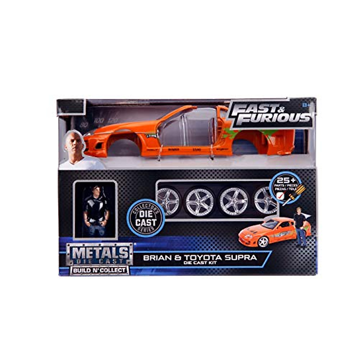 Jada Toys Fast & Furious Brian & Toyota Supra, 1:24 Scale Build n' Collect Die-Cast Model Kit with 2.75" Die-Cast Figure , Orange