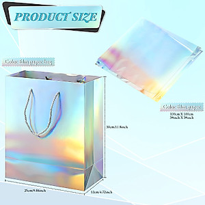 12 Pieces Iridescent Bags with Handles, Holographic Laser Paper Packaging Bags, 12x10x5 inch Christmas Packaging Tote Bags with Iridescent Films, Handmade DIY Bags, Wedding Valentine Paper Bags