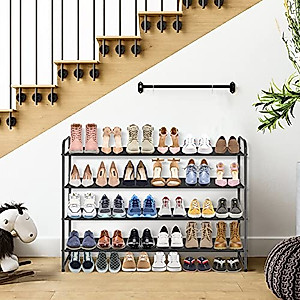KIMBORA 4 Tier Long Shoe Rack for Closet Floor,Wide Shoe Shelf Storage Organizer Stackable Shoe Organizer for Closet, Bedroom 30-Pairs (Black)