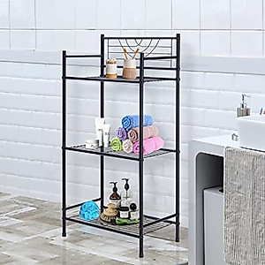 Kimzda 3-Tier Metal Shelf Free Standing Bathroom Tower Storage Rack Corner Rack for Bathroom Laundry Kitchen Office, with 4 Pieces Coat Hook, Black