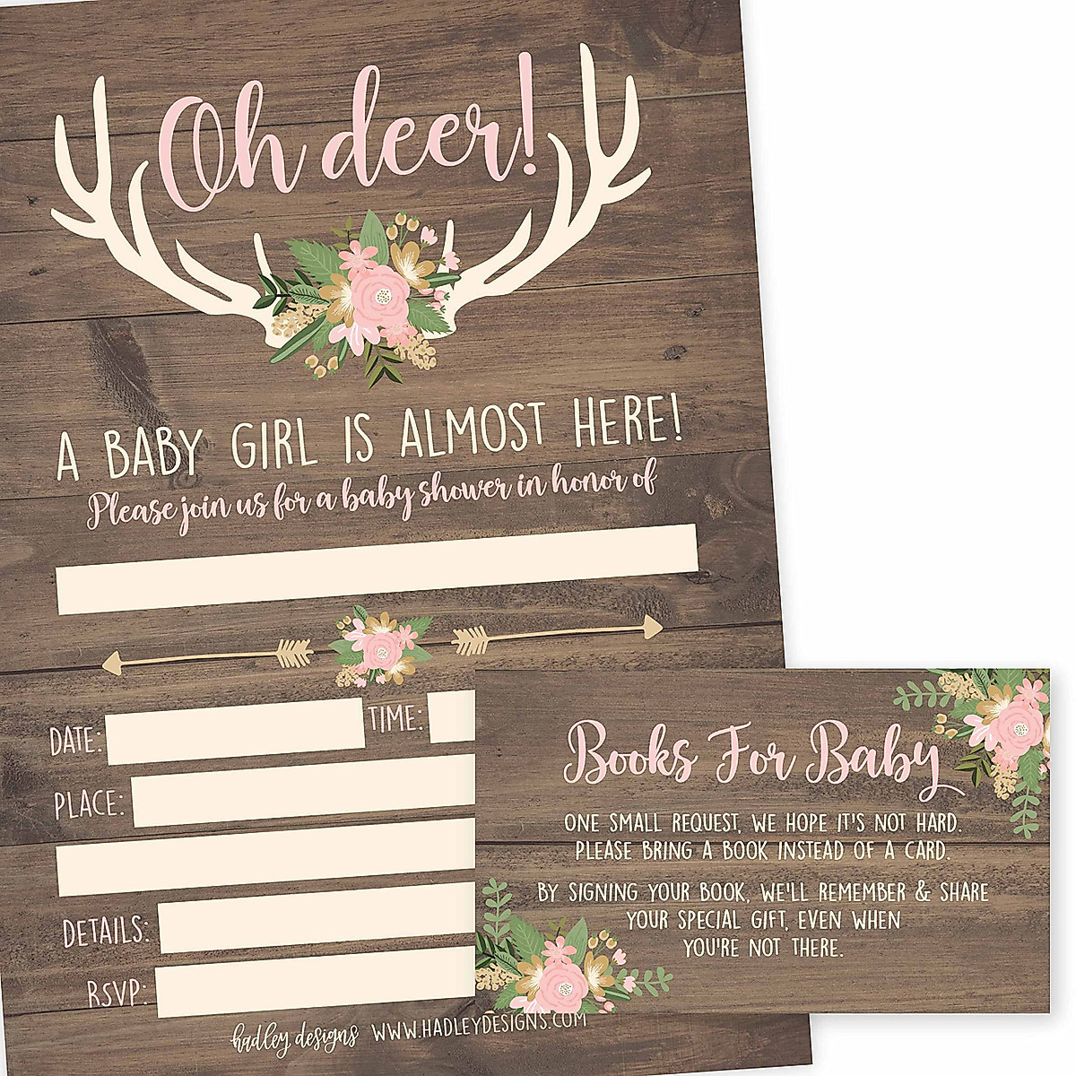 Hadley Designs 25 Oh Deer Invitations, 25 Books Request Cards, Sprinkle Invite for Girl, Bring A Book Instead Of A Card, Invitation Inserts for Baby Shower Guest Book