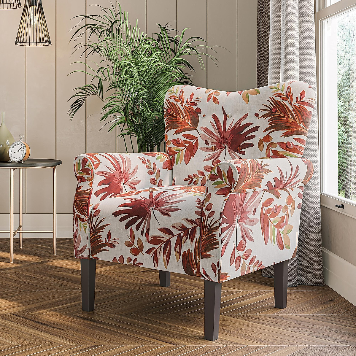 BELLEZE Modern Accent Chair for Living Room, High Back Floral Armchair with Wooden Legs, Upholstered Wingback Side Chair Padded Armrest Single Sofa for Living Room, Bedroom - Allston (Red Floral)