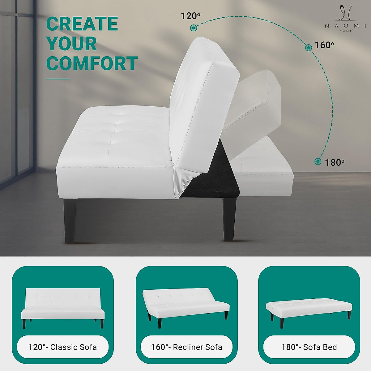 Naomi Home White Faux Leather Convertible Futon Sofa Bed, Button Tufted, 3 Positions, Small Couch Bed with Wooden Legs, 58 lbs, 500 lbs Capacity