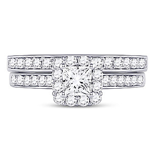 14kt White Gold Womens Princess Diamond Halo Bridal Wedding Engagement Ring Band Set 1-1/4 Cttw