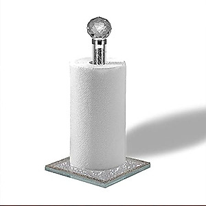 Handmade Silver Paper Towel Roll Holder, Filled with Sparkly Crystal Crushed Diamonds for Kitchen / Bathroom Towel Tissue Roll Countertop, 13inch Height 6.3inch Square Base Freestanding Holder