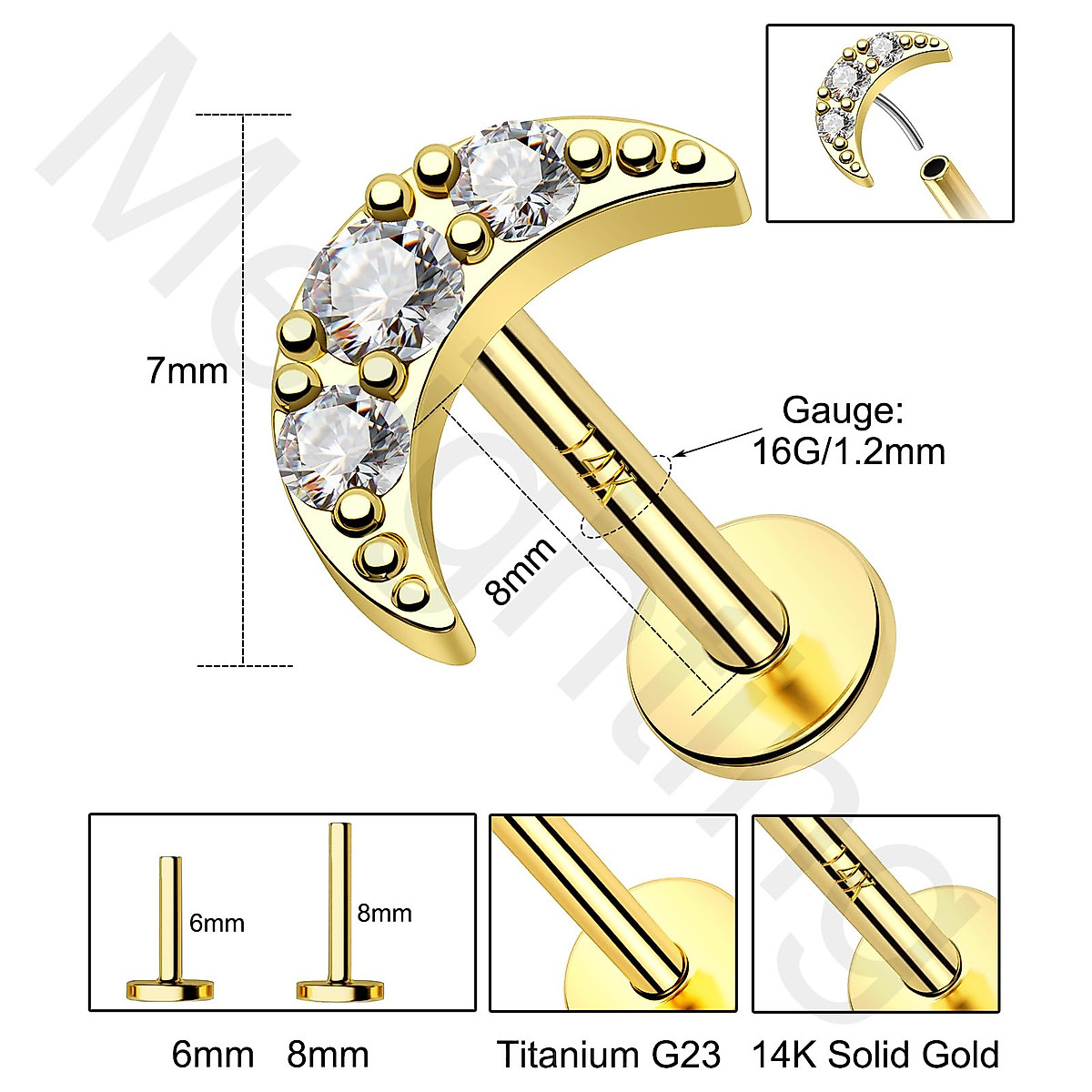 Melighting 14K Solid Gold Moon Earring, 16G Threadless Flat Back Earring with Titanium Post, CZ Stone, for Women