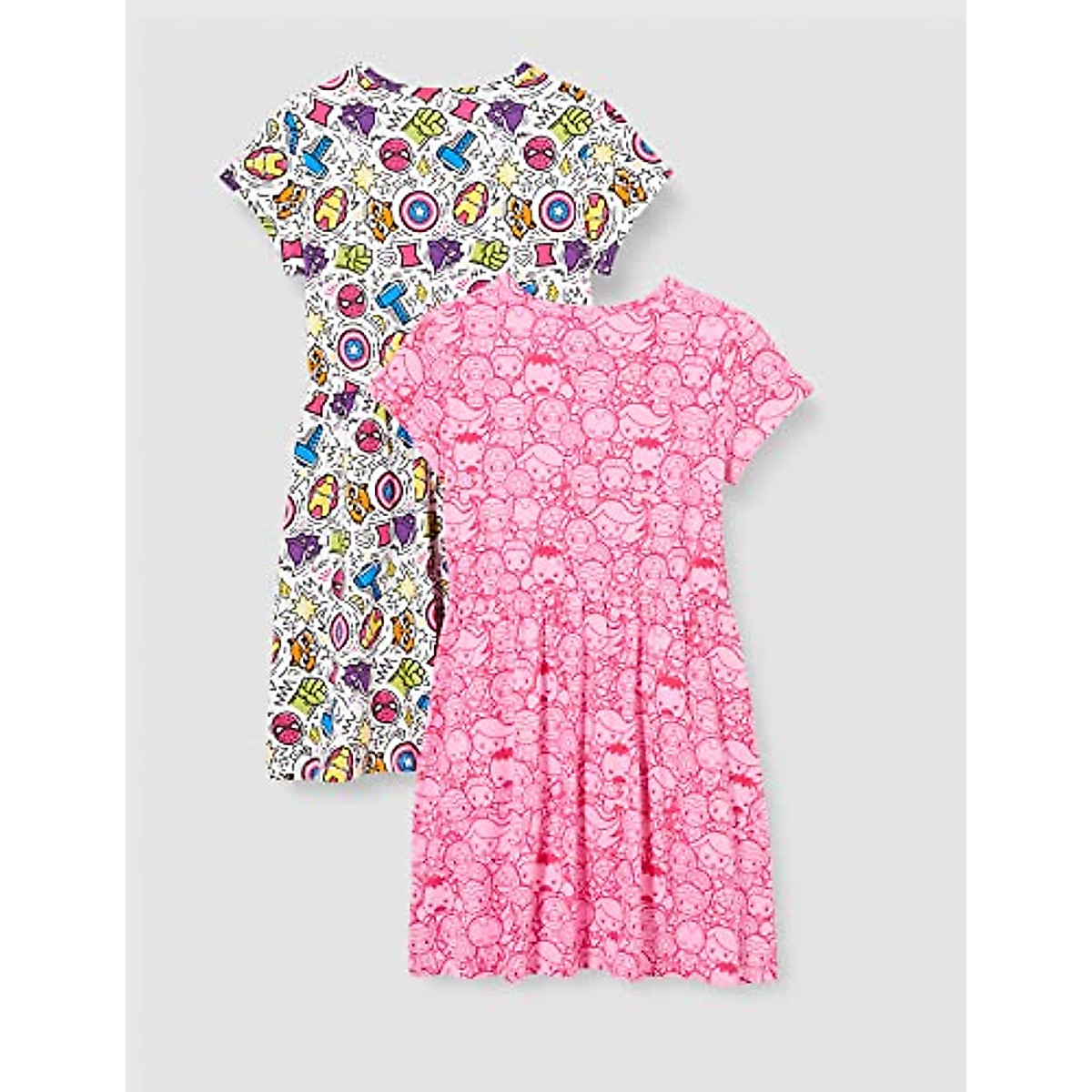 Amazon Essentials Disney Star Wars | Frozen | Princess Girls' Knit Short-Sleeve Cinch-Waist Dresses (Previously Spotted Zebra), Pack of 2, Pink Marvel, Small