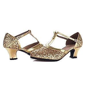 DKZSYIM Women's Latin Dance Shoes Ballroom Performance Dance Shoes Model KM838, Gold, 9 B(M) US