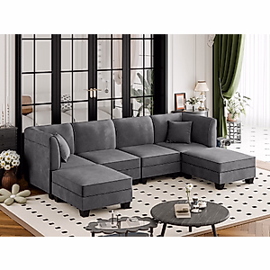 Vongrasig 6 Pieces Sectional Couch Modular Sofa with Reversible Chaise 116" Velvet U-Shaped Couch Sofa 6-seat Modular Large Sectional Couch with Ottoman for Living Room, Upholstered Cushion (Grey)