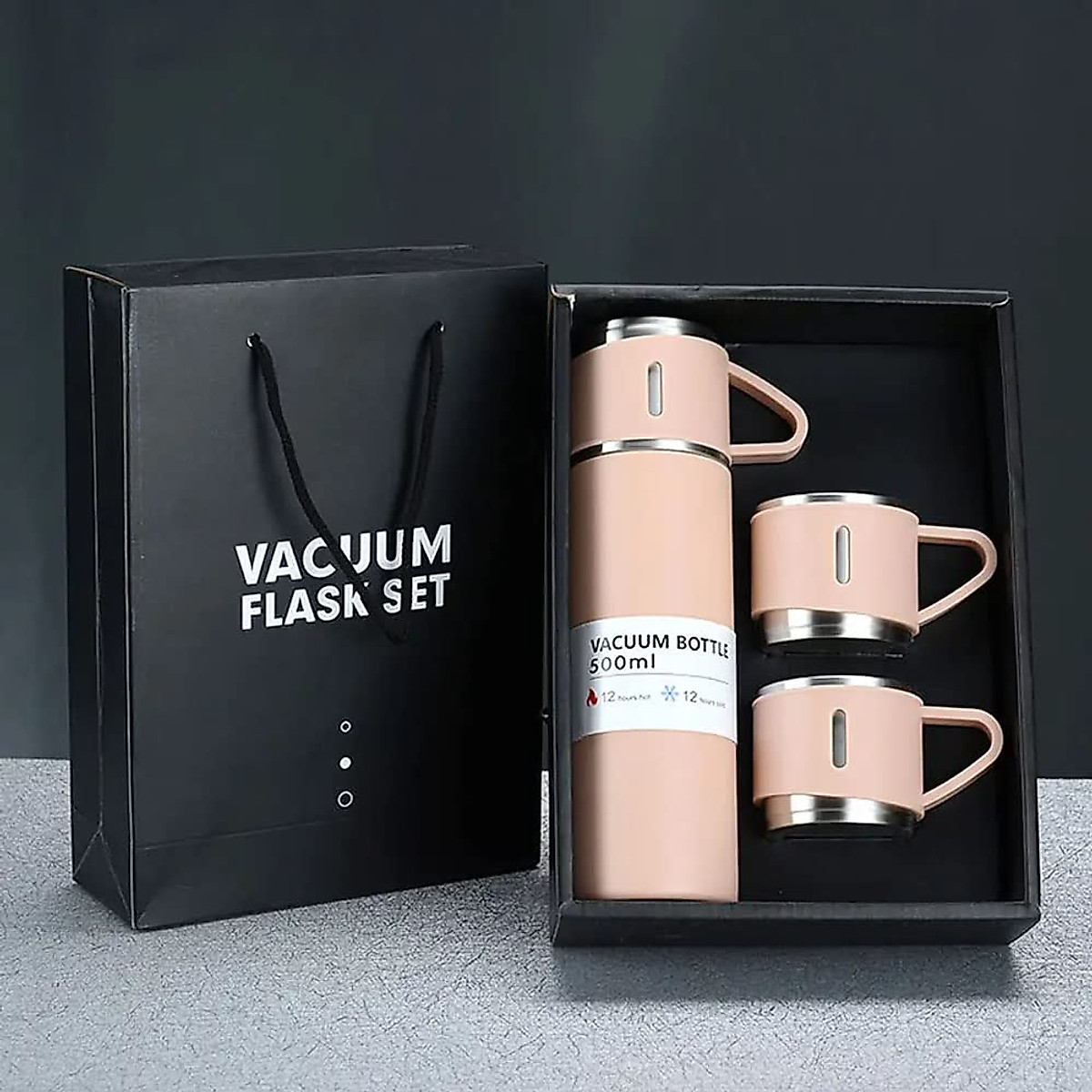 500Ml Hot And Cold Double Wall Stainless Steel Insulated Sport Vacuum Flask Tea Gift Box Set With Two Cups (Pink)