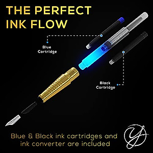 Yokra Fountain Pen Set with Ink and Converter (No Instructions Included)- Caligraphy Pens for Writing, Medium Nib, 6 Ink Cartridges (3 Black ink,3 Blue ink), Best Pens for Smooth Writing Journaling